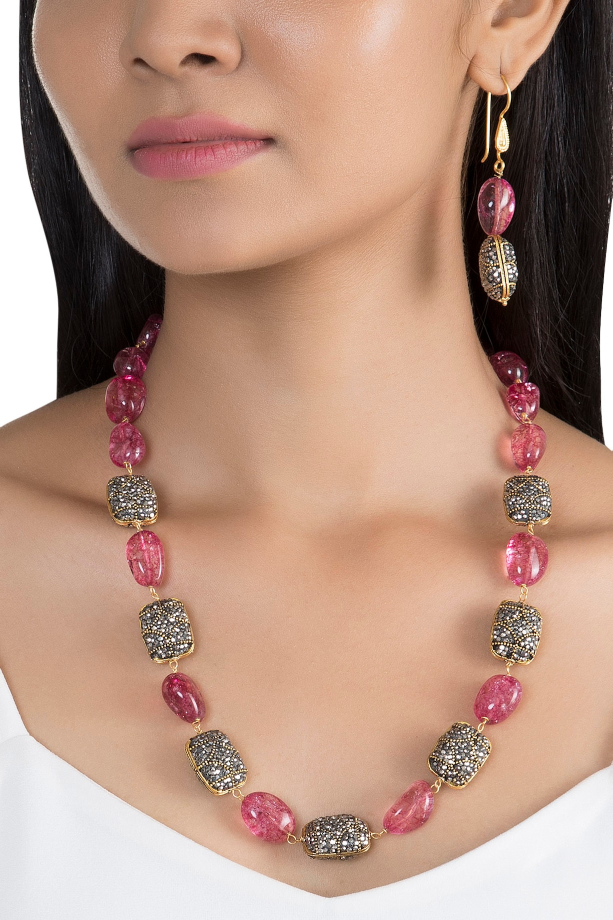 Gold Finish Pink & Black Stone Mala Set by VASTRAA Jewellery at Pernia ...