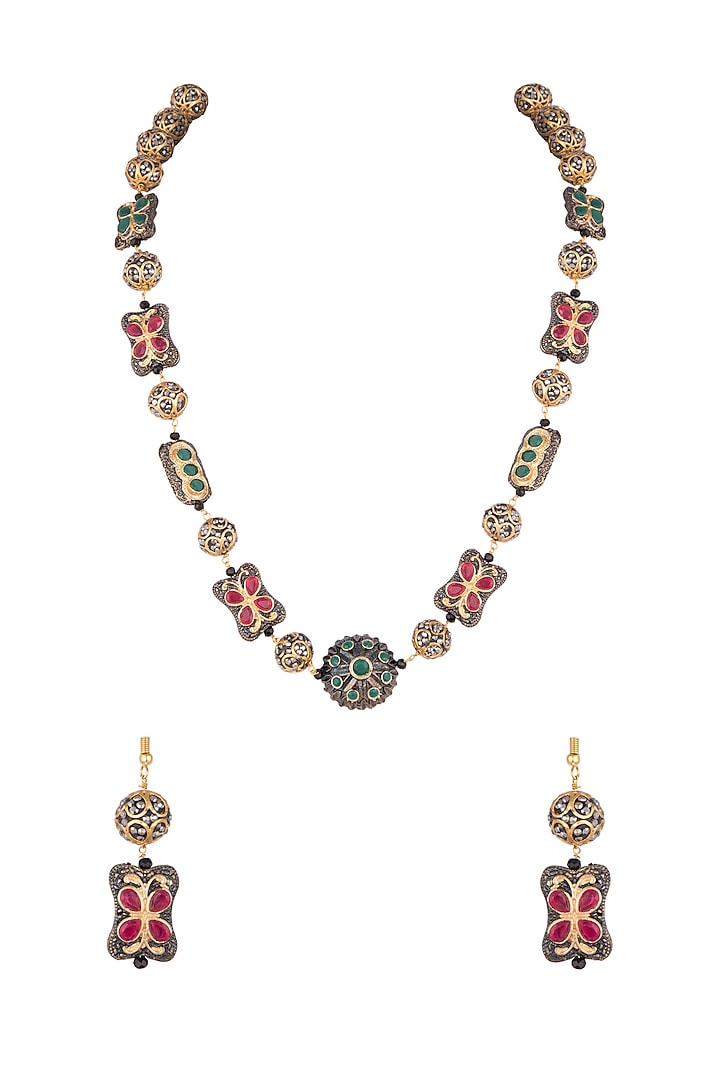 Gold Finish Multi-Colored Stone Mala Necklace Set by VASTRAA Jewellery ...