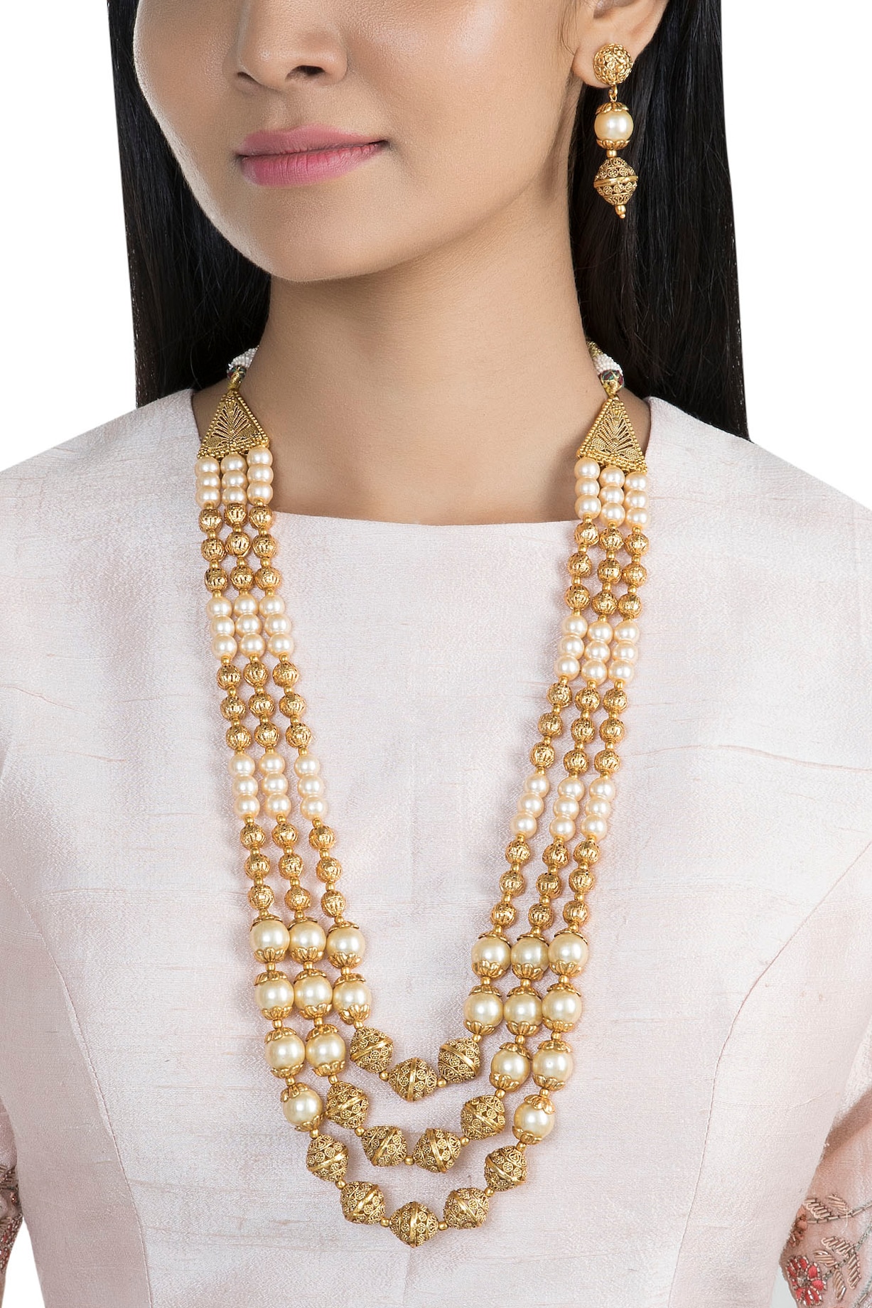 Gold Finish Faux Pearl & Metal Balls Layered Mala Set by VASTRAA ...