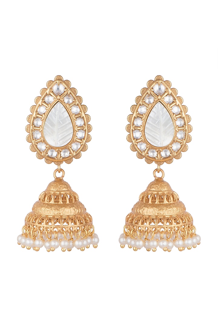 Gold Finish Kundan Polki & White Stone Jhumka Earrings by VASTRAA ...