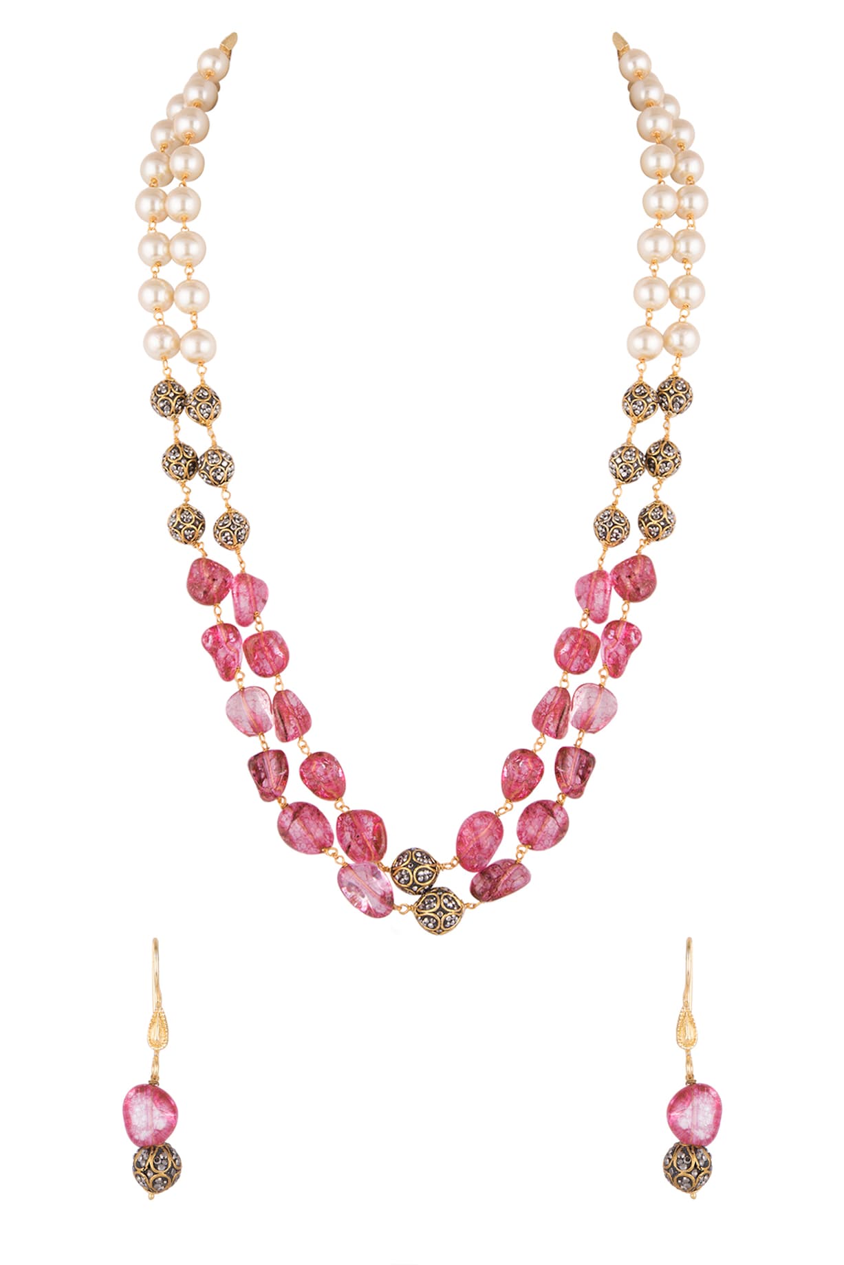 Gold Finish Pink & Black Stone Mala Set by VASTRAA Jewellery at Pernia ...