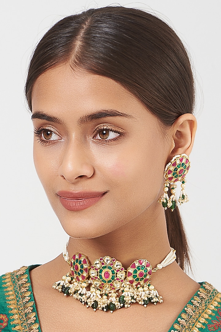 Gold Finish Pachi Kundan Polki & Multi-Colored Stone Choker Necklace Set by VASTRAA Jewellery at ...