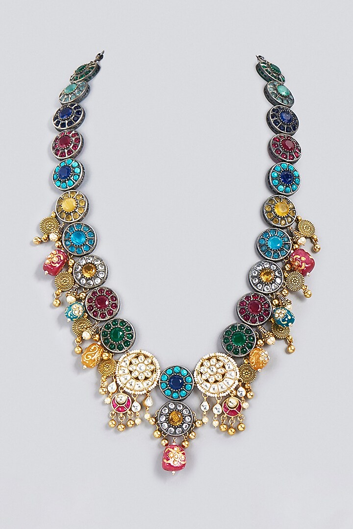 Oxidized Finish Kundan Polki & Synthetic Stone Long Necklace Design by ...