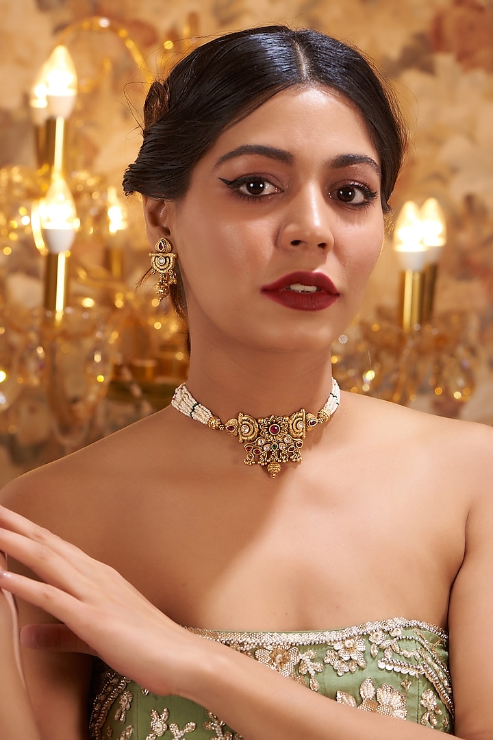 Gold Finish Kundan Polki & Multi-Colored Stone Temple Choker Necklace Set Design by VASTRAA ...