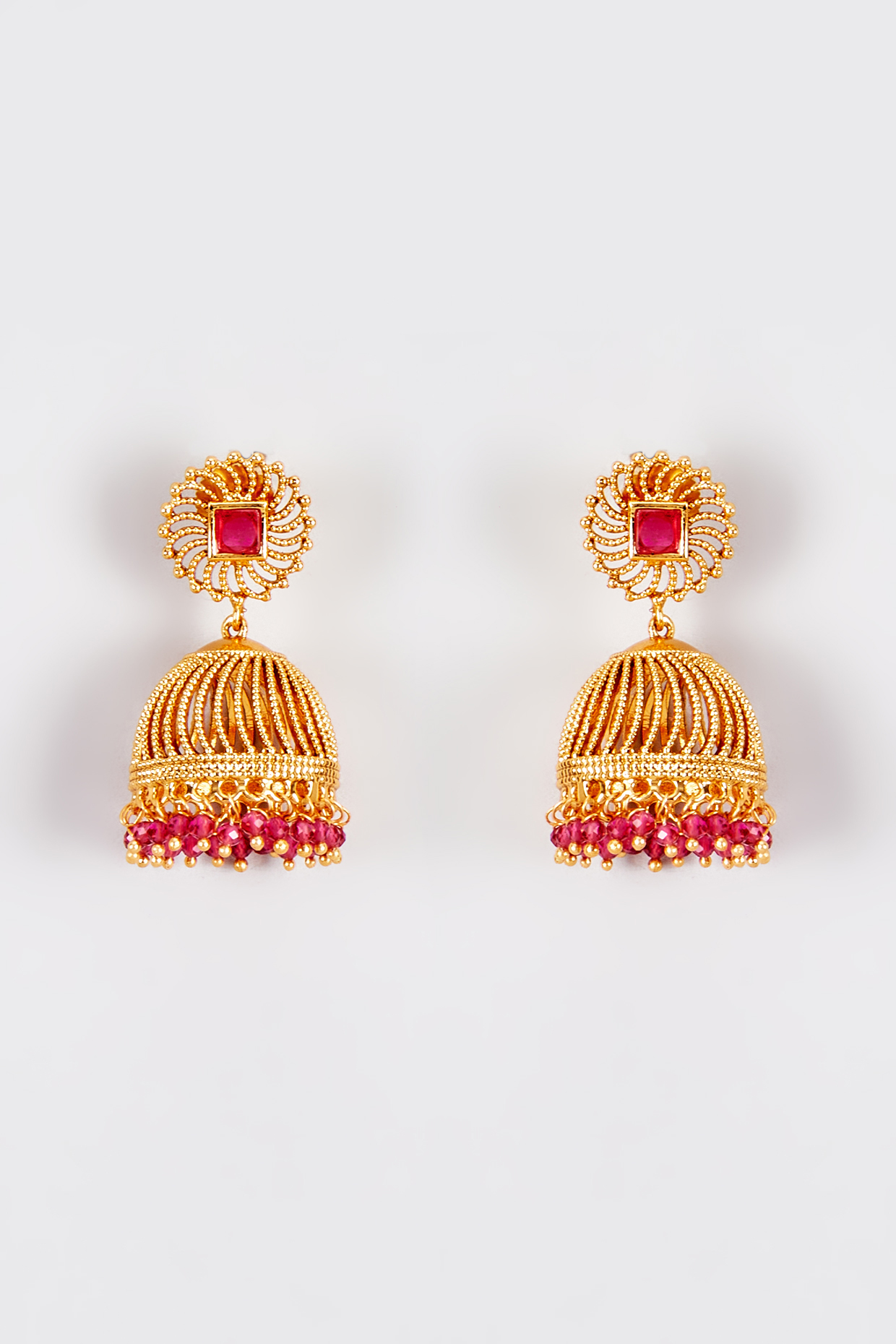Gold Finish Kundan Polki Temple Jhumka Earrings With Red Stones by VASTRAA Jewellery at Pernia s Pop Up Shop