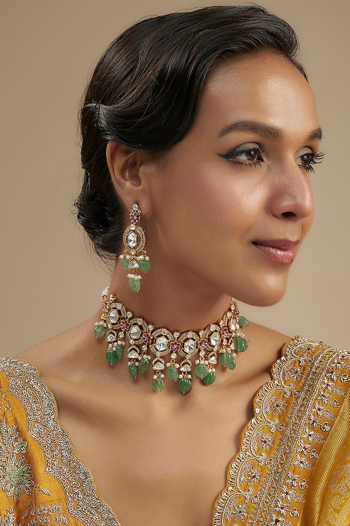 Gold Finish Kundan Polki & Green Stone Choker Necklace Set by VASTRAA Jewellery at Pernia's Pop ...