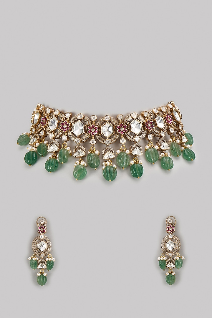 Gold Finish Kundan Polki & Green Stone Choker Necklace Set by VASTRAA Jewellery at Pernia's Pop ...