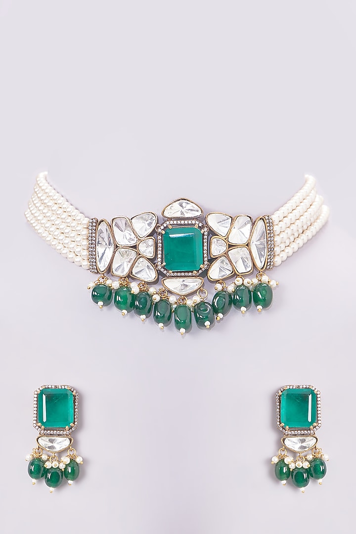 Gold Finish Kundan Polki & Green Stone Choker Necklace Set by VASTRAA ...
