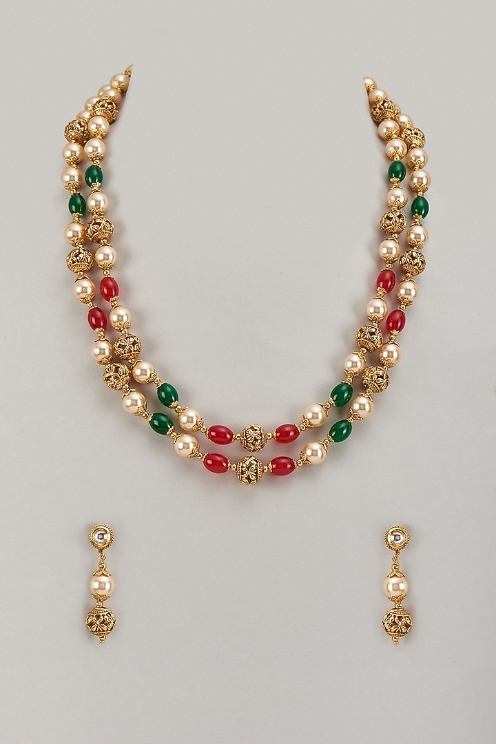 Gold Finish Multi-Colored Stone & Kundan Polki Layered Temple Mala Set ...