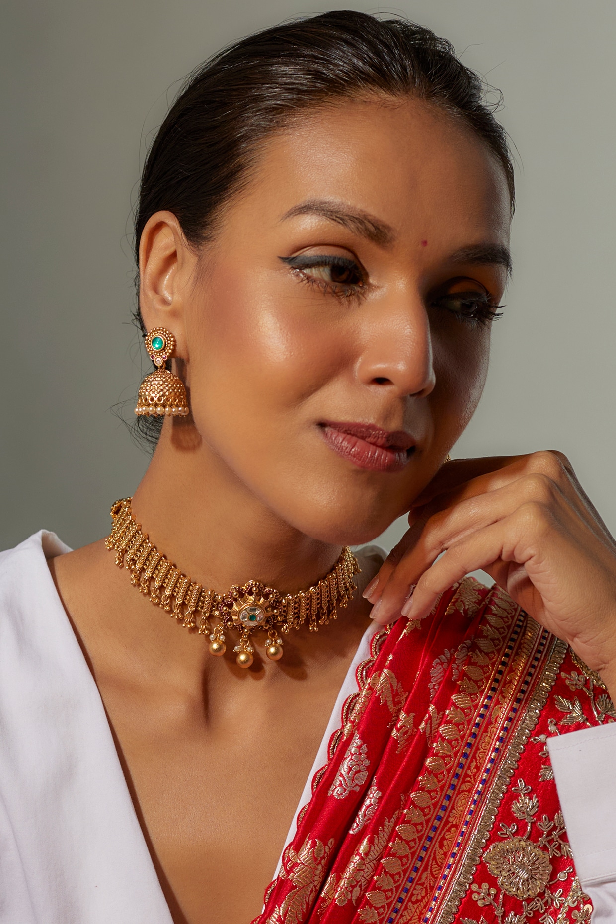 Gold Finish Green Stone Temple Choker Necklace Set by VASTRAA Jewellery ...