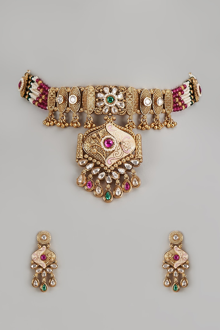 Gold Finish Multi-Colored Stone & Kundan Polki Temple Choker Necklace Set by VASTRAA Jewellery ...