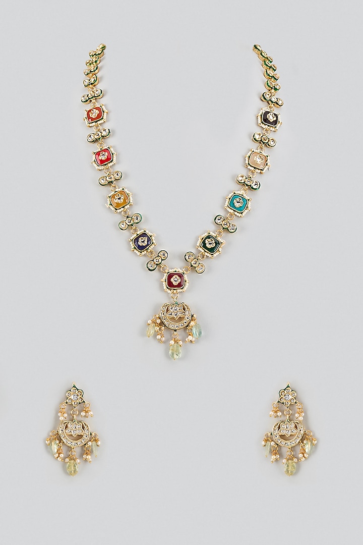 Gold Finish Kundan Polki & Multi-Colored Stone Long Necklace Set by VASTRAA Jewellery at Pernia ...