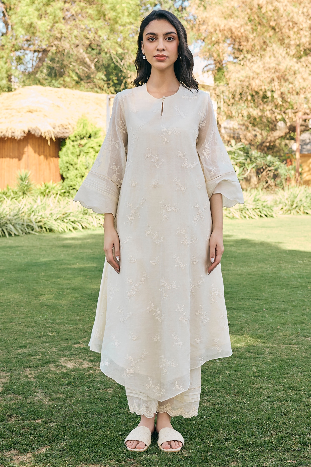 Ecru Muslin Cotton Floral Embroidered Asymmetrical Co-Ord Set by Vaayu ...