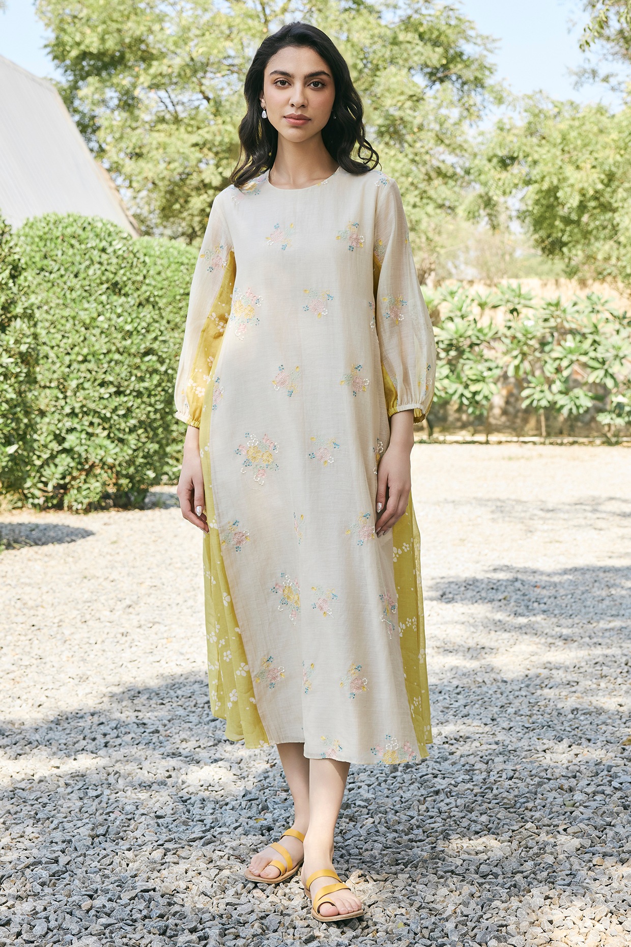 Ecru Muslin Cotton Floral Embroidered & Printed Dress by Vaayu at ...