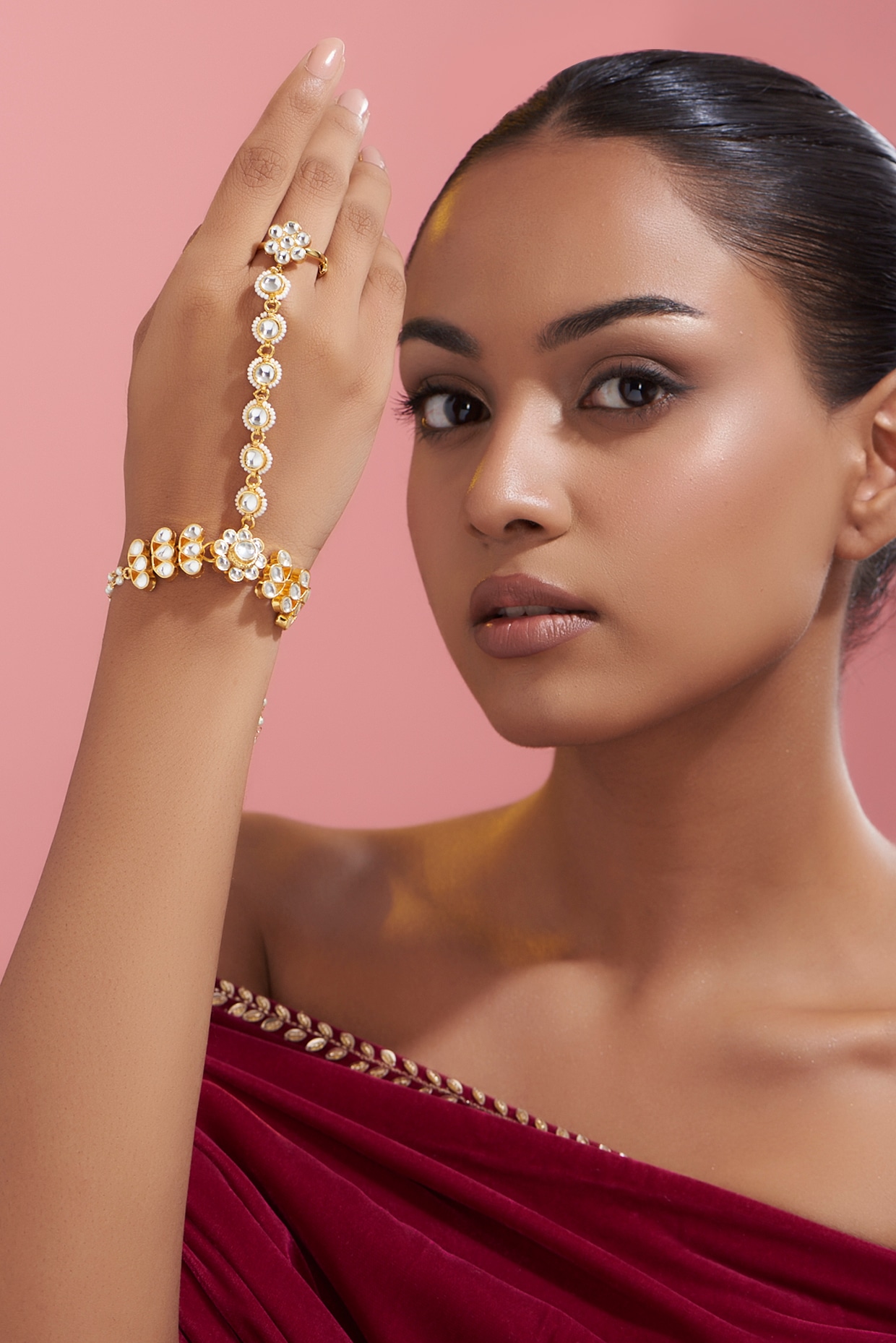 Gold Finish Kundan Polki & Pearl Haath Phool by VASTRAA Jewellery at Pernia's Pop Up Shop 2025
