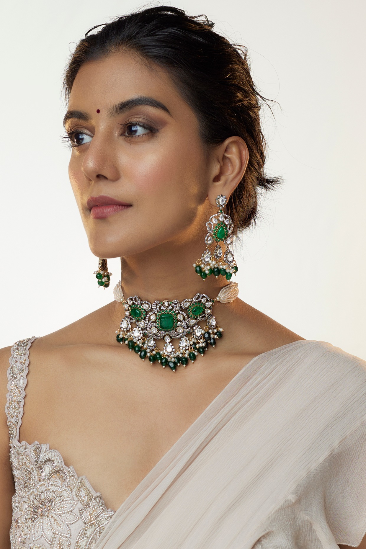 Two Tone Finish Kundan Polki & Green Stone Choker Necklace Set by ...