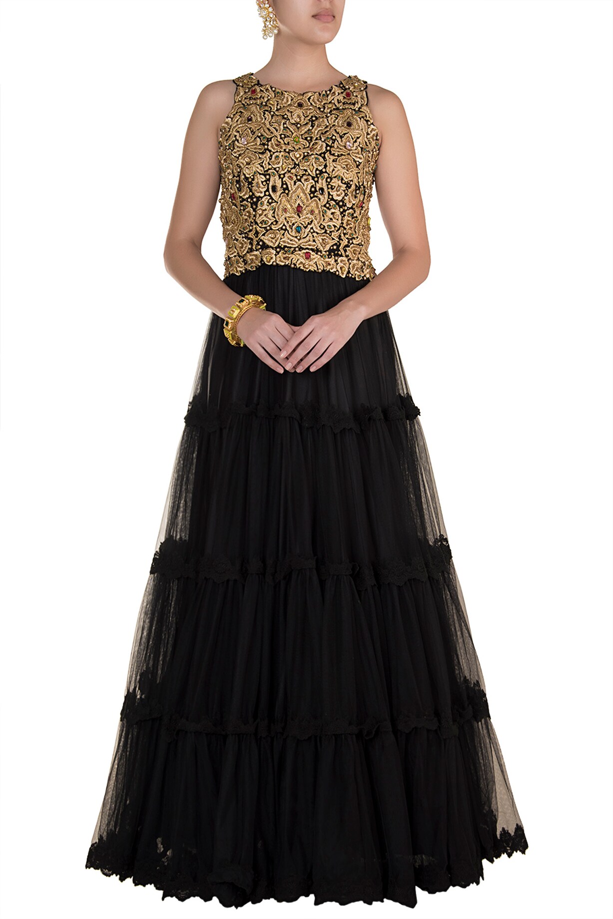 Black Embroidered Tiered Gown by Varsha Wadhwa at Pernia's Pop Up Shop 2026