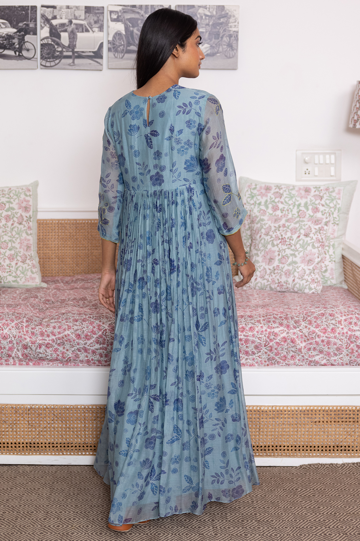 Azure Blue Cotton Muslin Printed Anarkali Set Design By Vaayu At Pernia