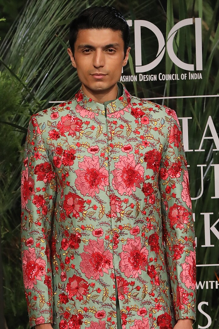 Sage Green Chanderi Embroidered Sherwani Set Design by Varun Bahl Men ...
