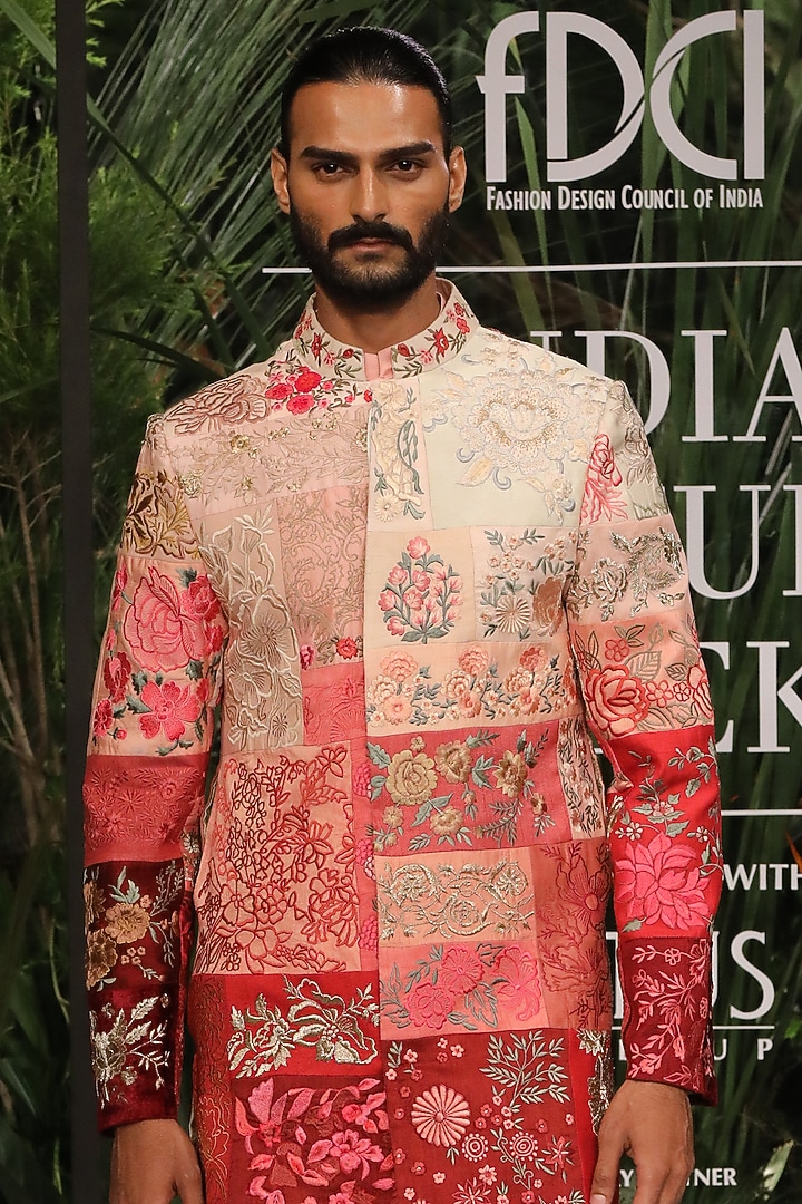 Red Ombre Modal Dupion Embroidered Upcycled Groom Sherwani Set by Varun ...