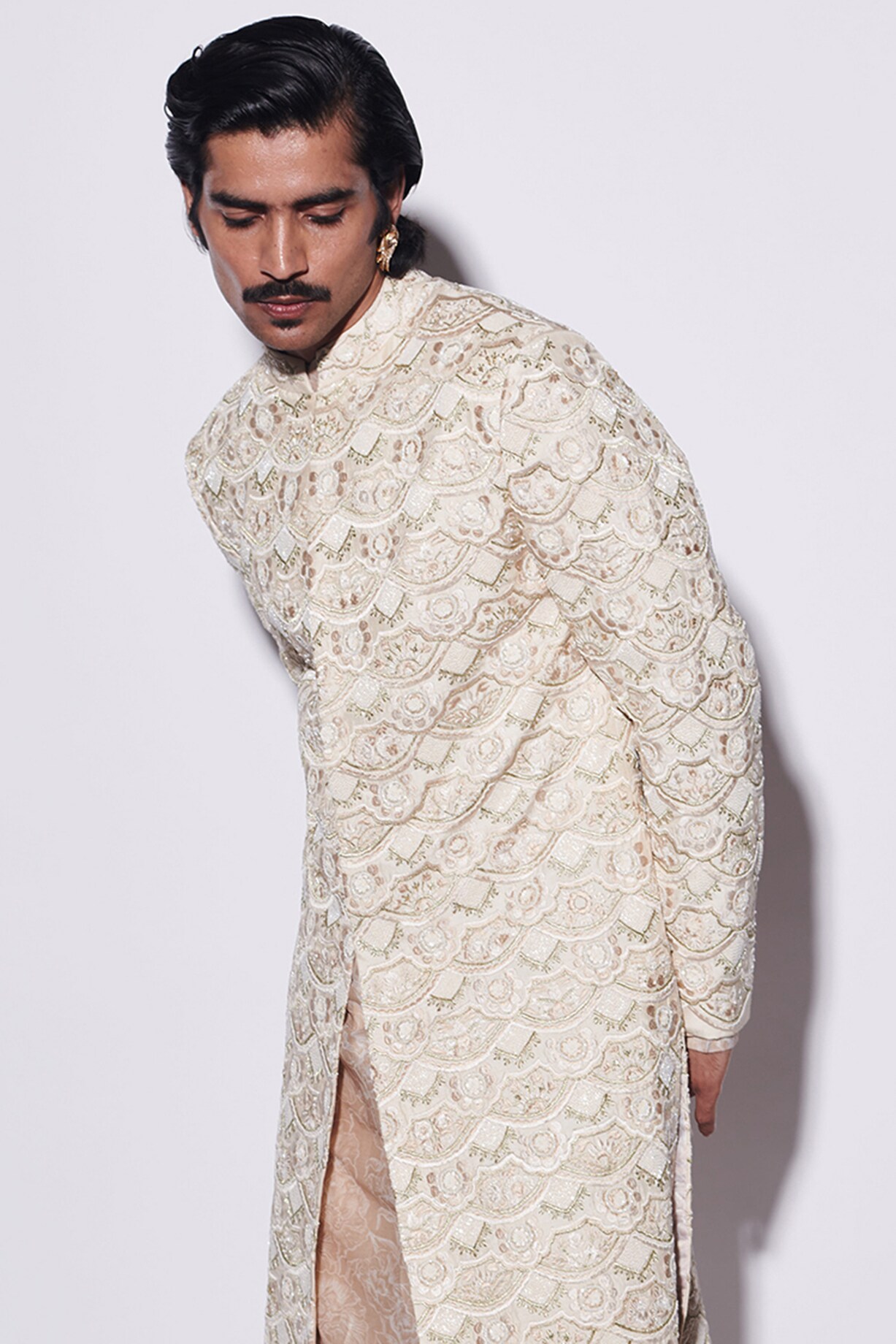 Beige Modal Dupion & Chanderi Hand Embroidered Groom Sherwani Set by ...