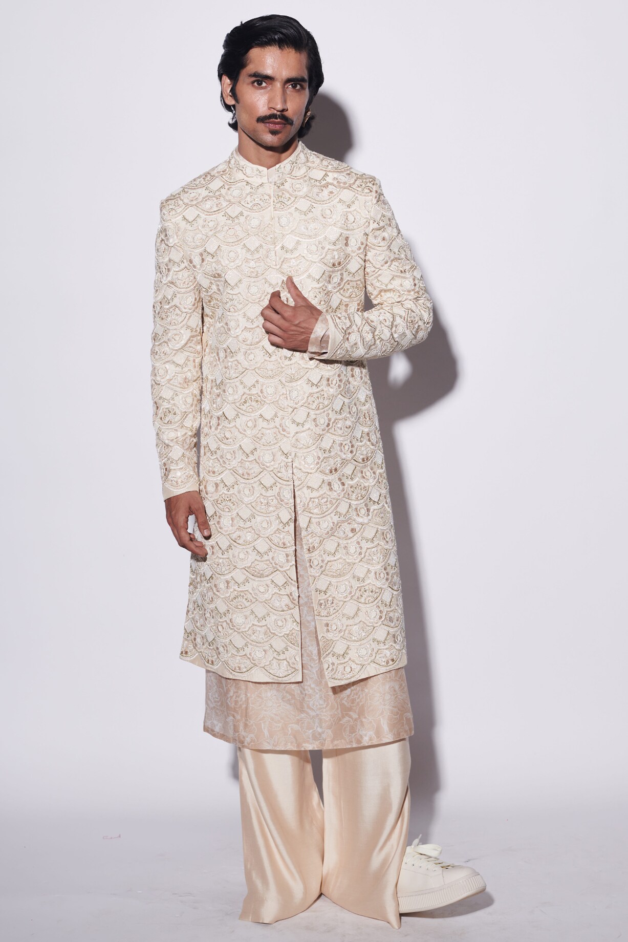 Beige Modal Dupion & Chanderi Hand Embroidered Groom Sherwani Set by ...