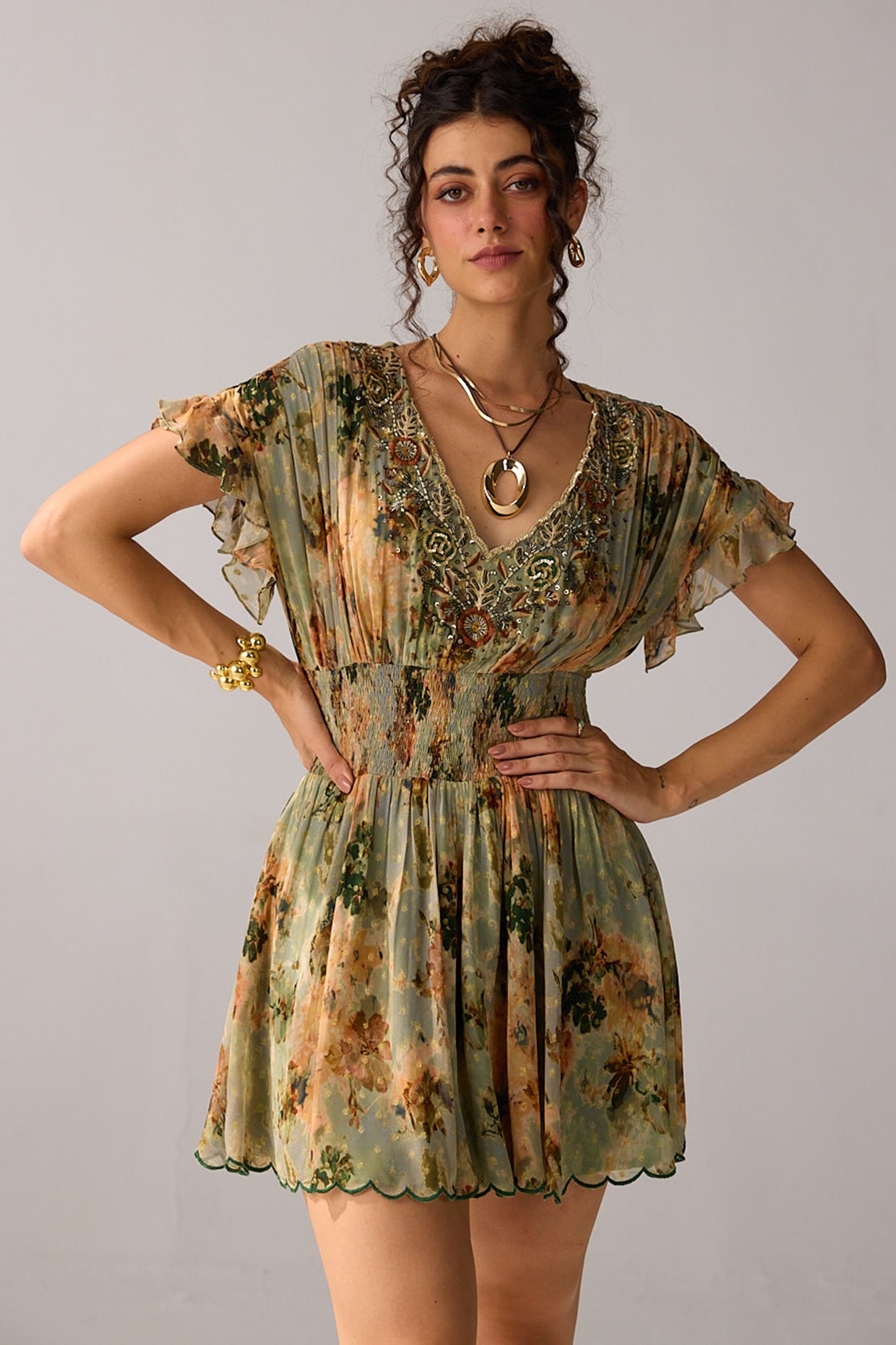 Moss Green Viscose Lurex Georgette Hand Embroidered Mini Dress by Verb ...
