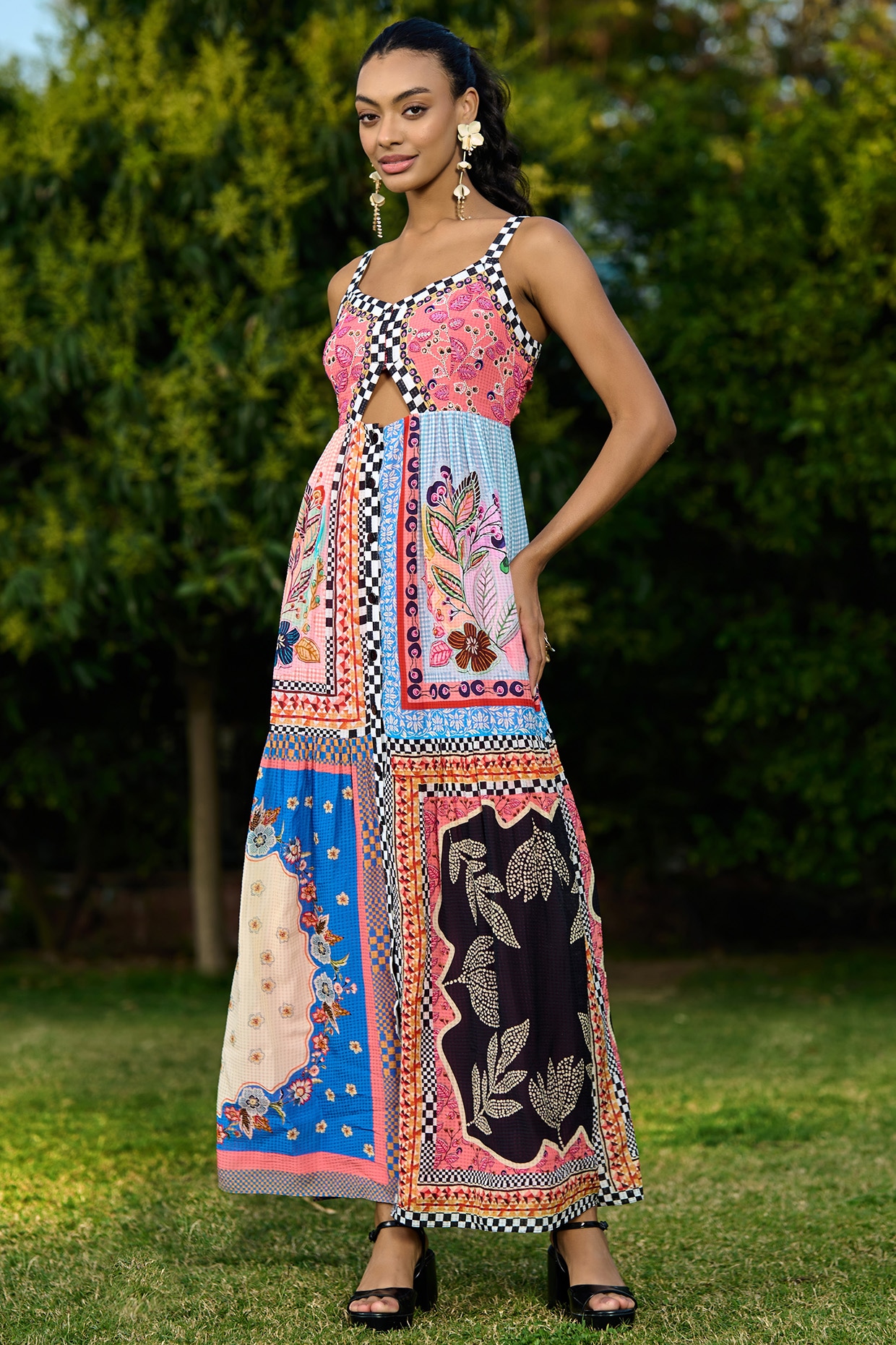 Multi-Colored Checkish Voil Color Blocked Maxi Dress by Verb by Pallavi ...