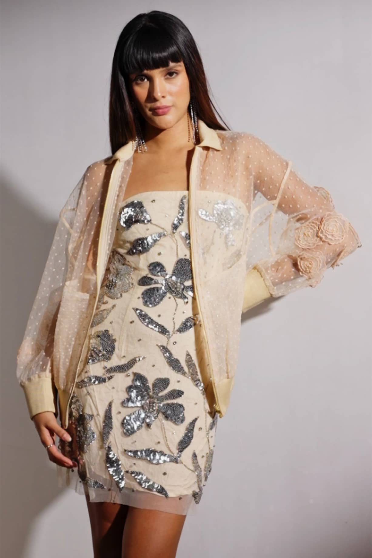 Peach Polyester Organza 3D Floral Embroidered Sheer Bomber Jacket by ...