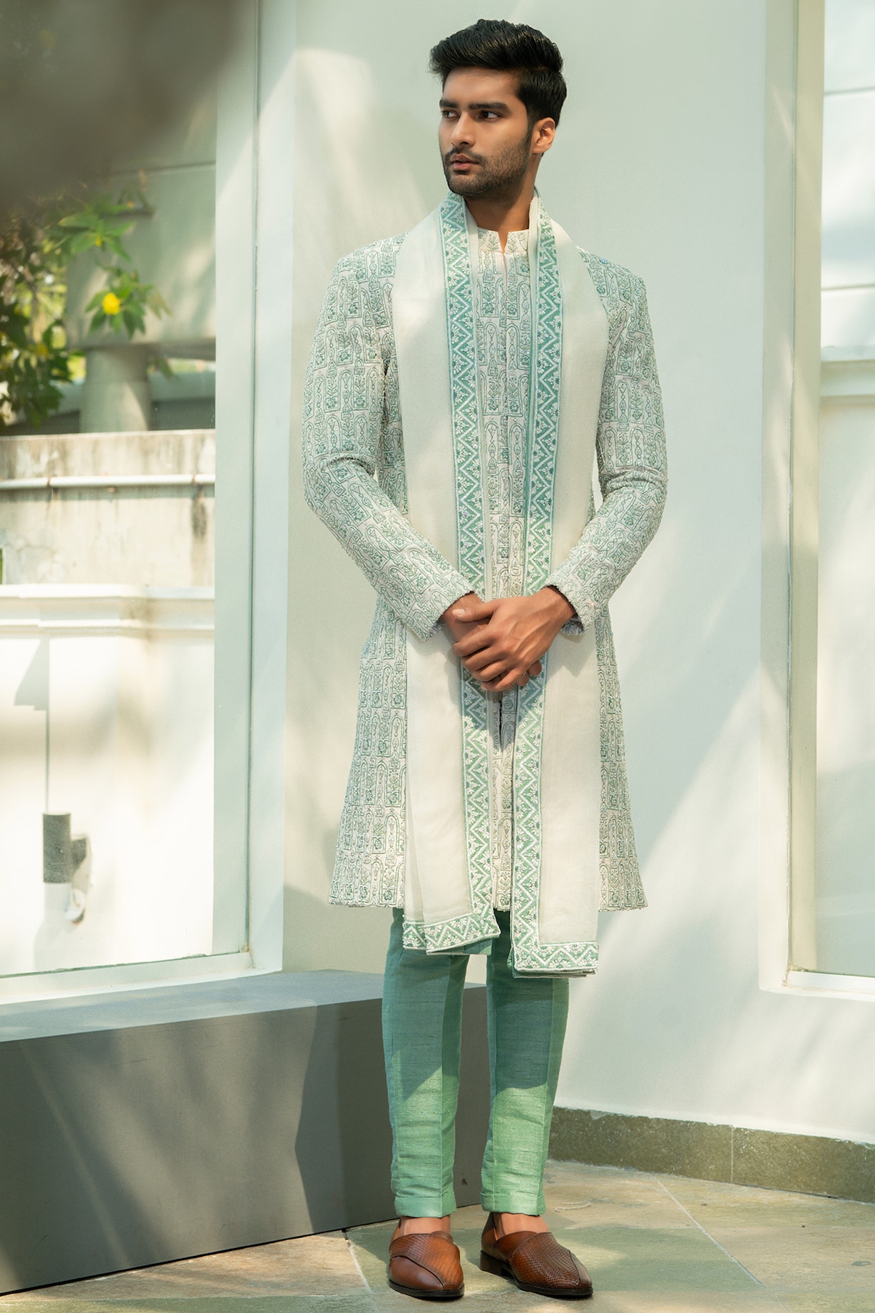 Sage Green Hand Embroidered Groom Sherwani Set by Varun Chakkilam Men ...