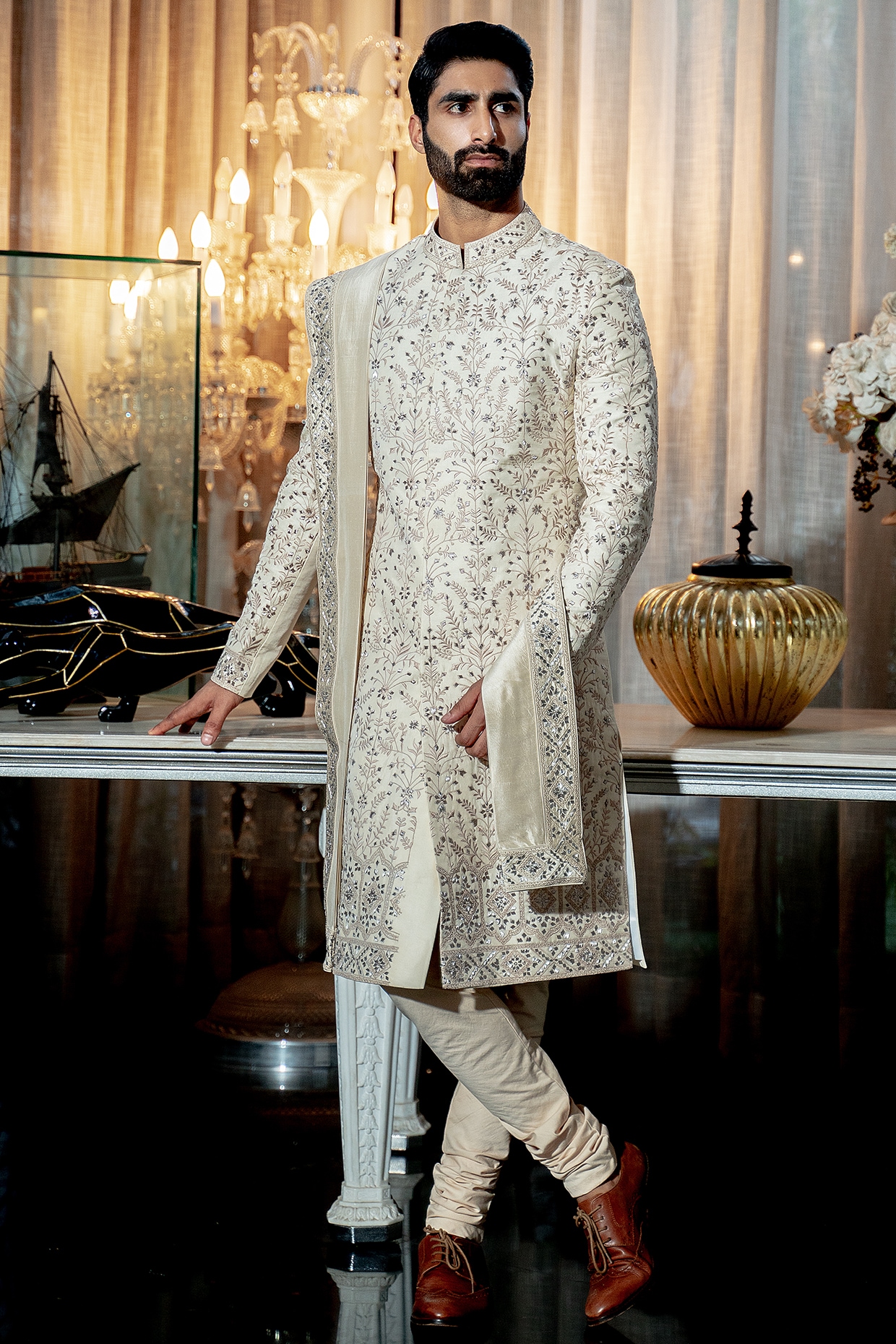 Beige Raw Silk Floral Embroidered Groom Sherwani Set by Varun Chakkilam ...