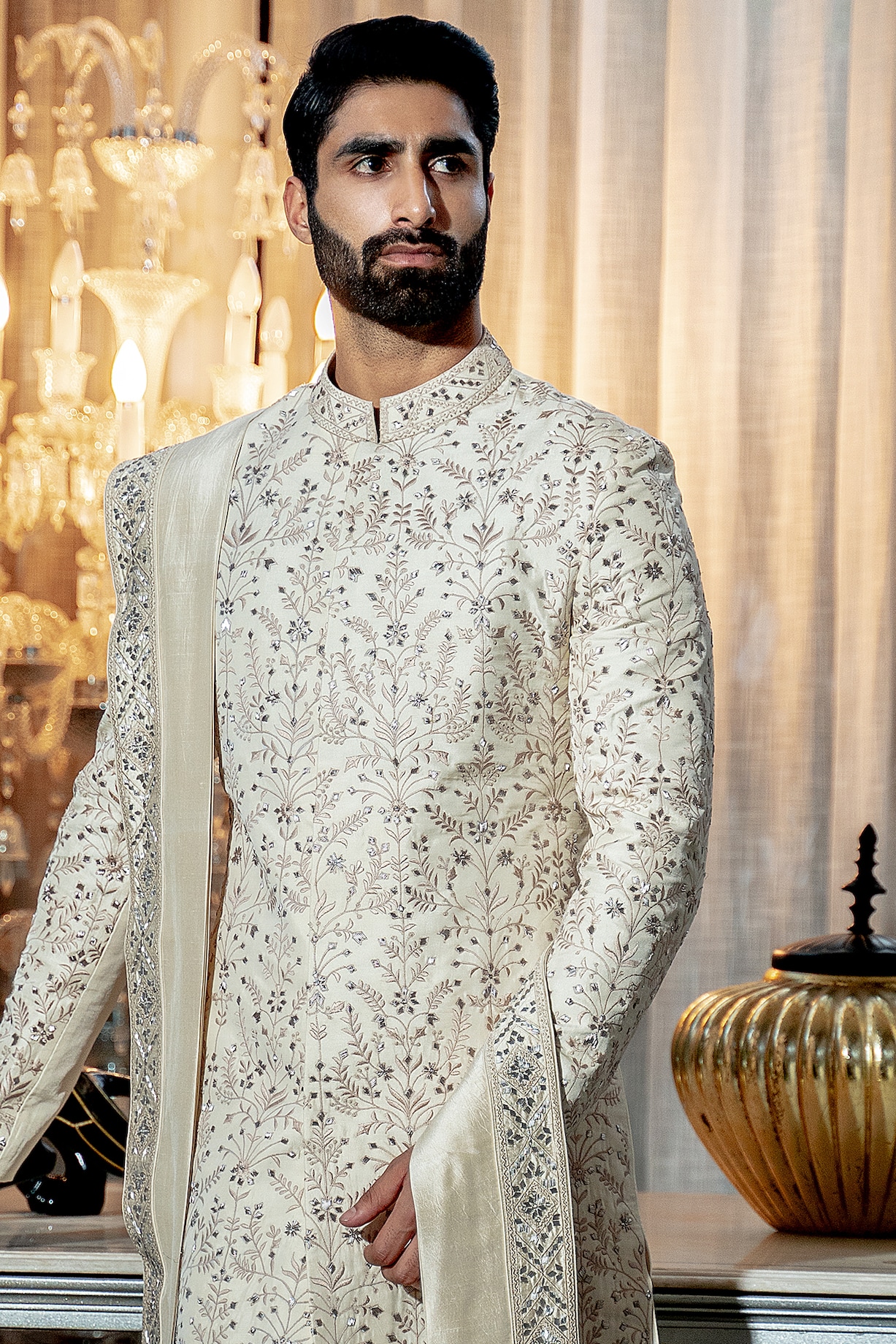 Beige Raw Silk Floral Embroidered Groom Sherwani Set by Varun Chakkilam ...