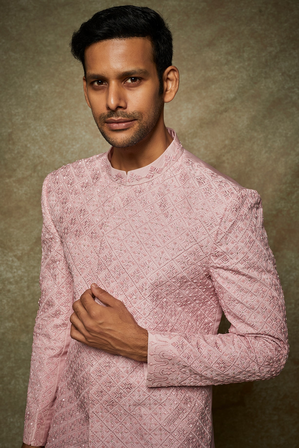 Pink Silk Embroidered Groom Sherwani Set by Varun Chakkilam Men at ...