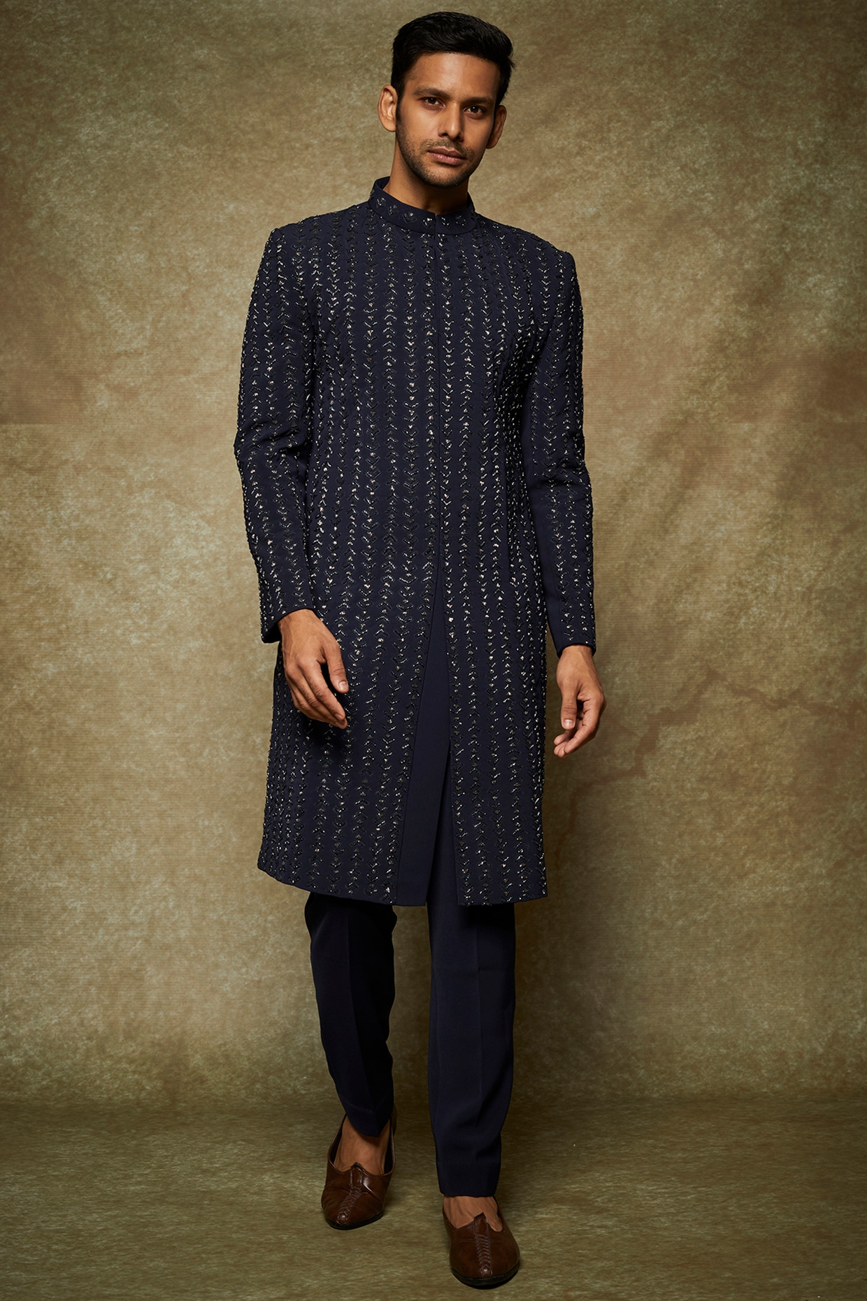 Navy Blue Silk Embroidered Groom Sherwani Set by Varun Chakkilam Men at ...