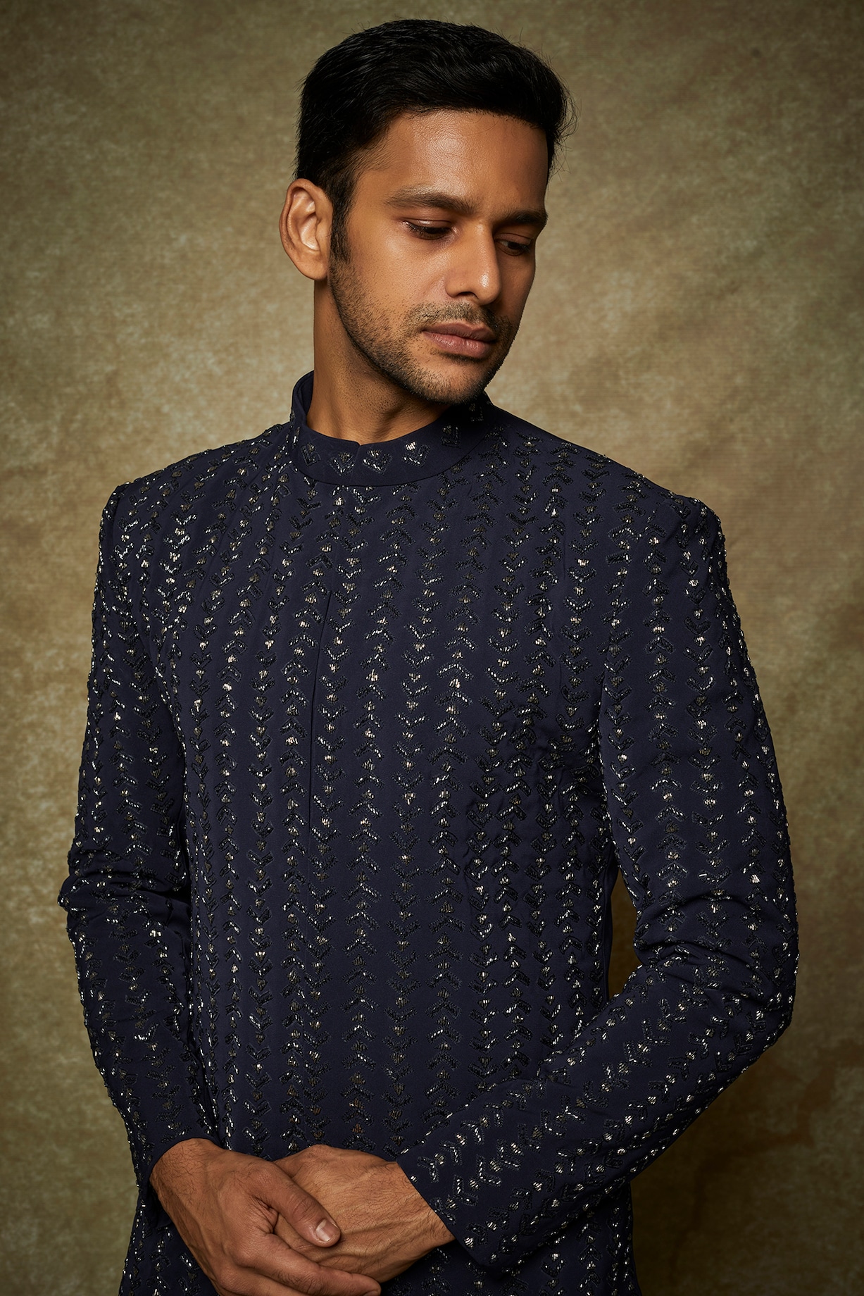 Navy Blue Silk Embroidered Groom Sherwani Set by Varun Chakkilam Men at ...