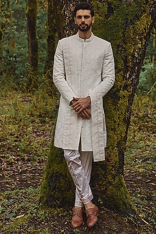 Alabaster White Twill Silk & Satin Lycra Geometric Embroidered Groom ...