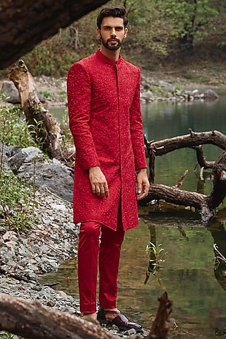 Scarlet Red Twill Silk & Satin Lycra Bead Embroidered Groom Sherwani ...