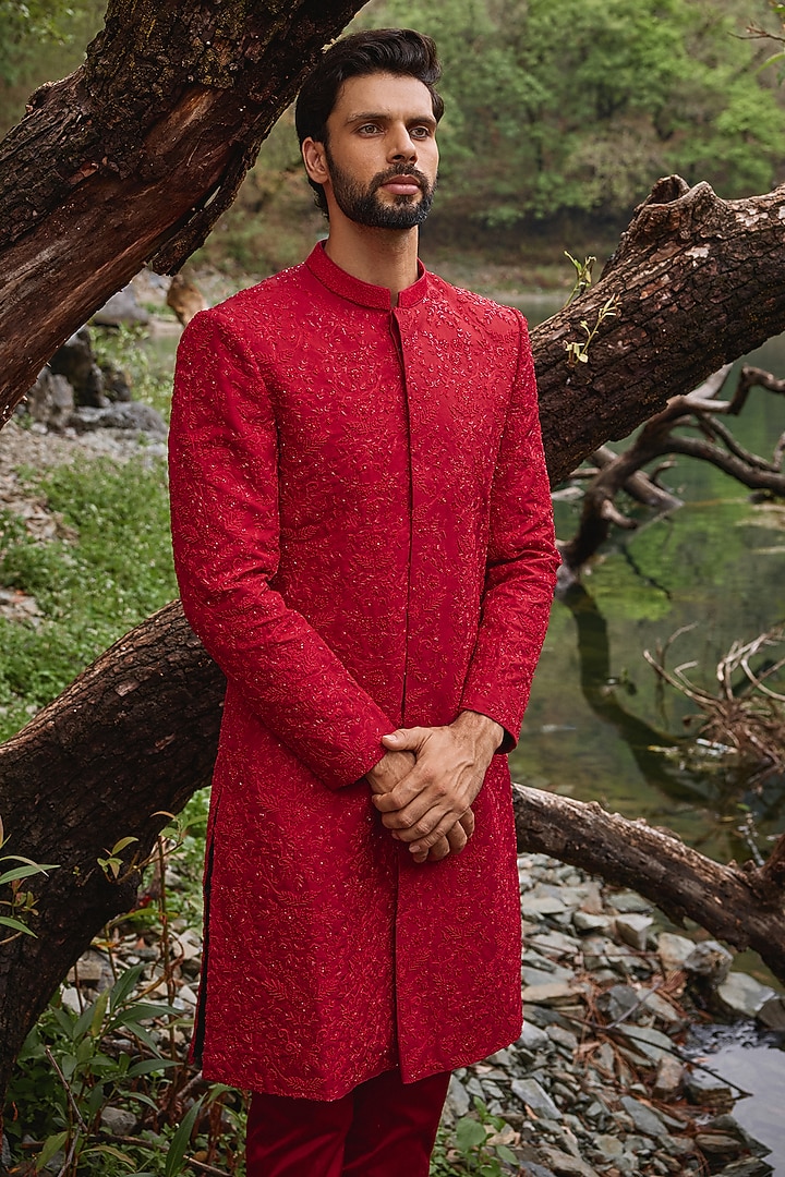 Scarlet Red Twill Silk & Satin Lycra Bead Embroidered Groom Sherwani ...