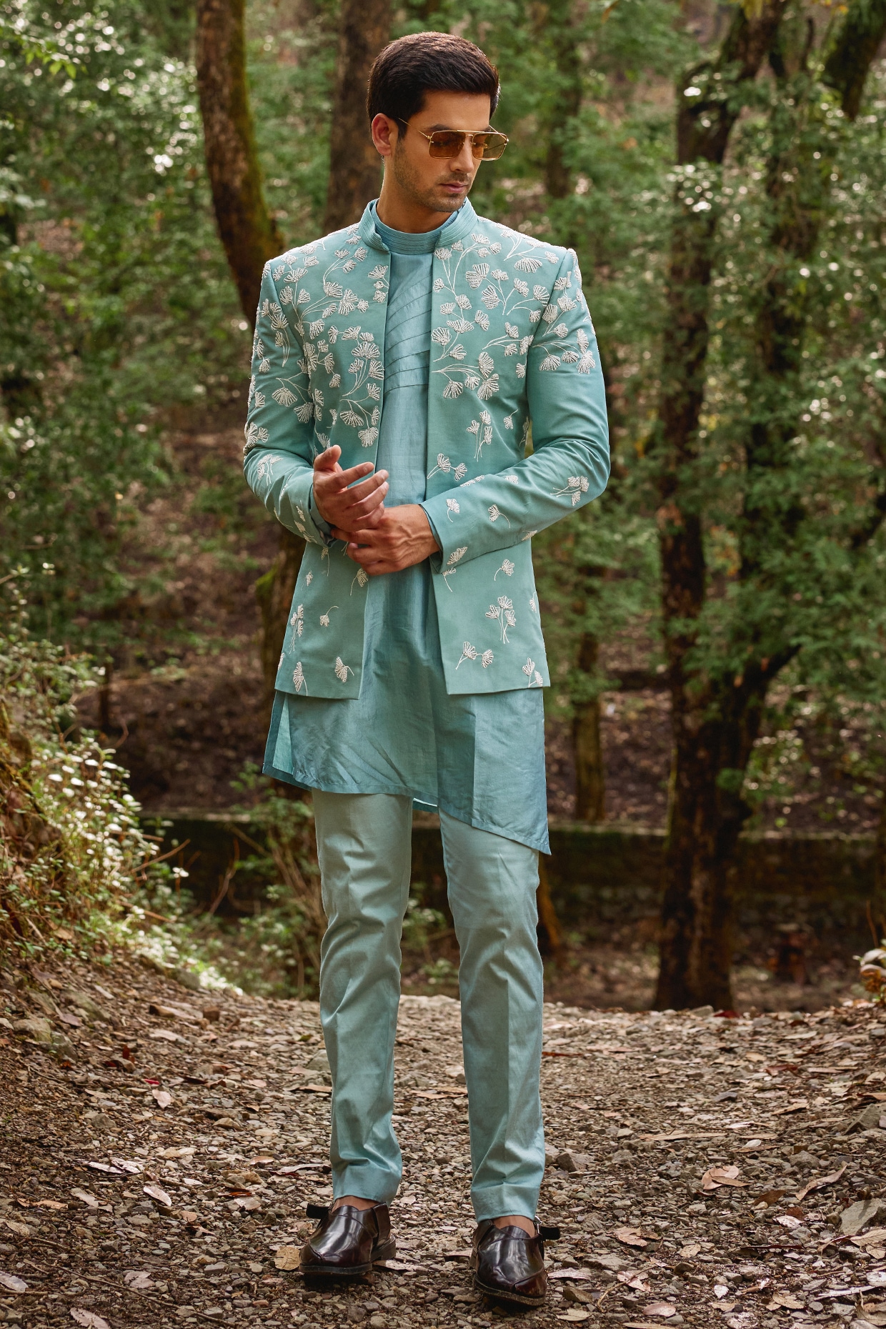 Cadet Blue Twill Silk & Satin Lycra Embroidered Groom Sherwani Set by ...