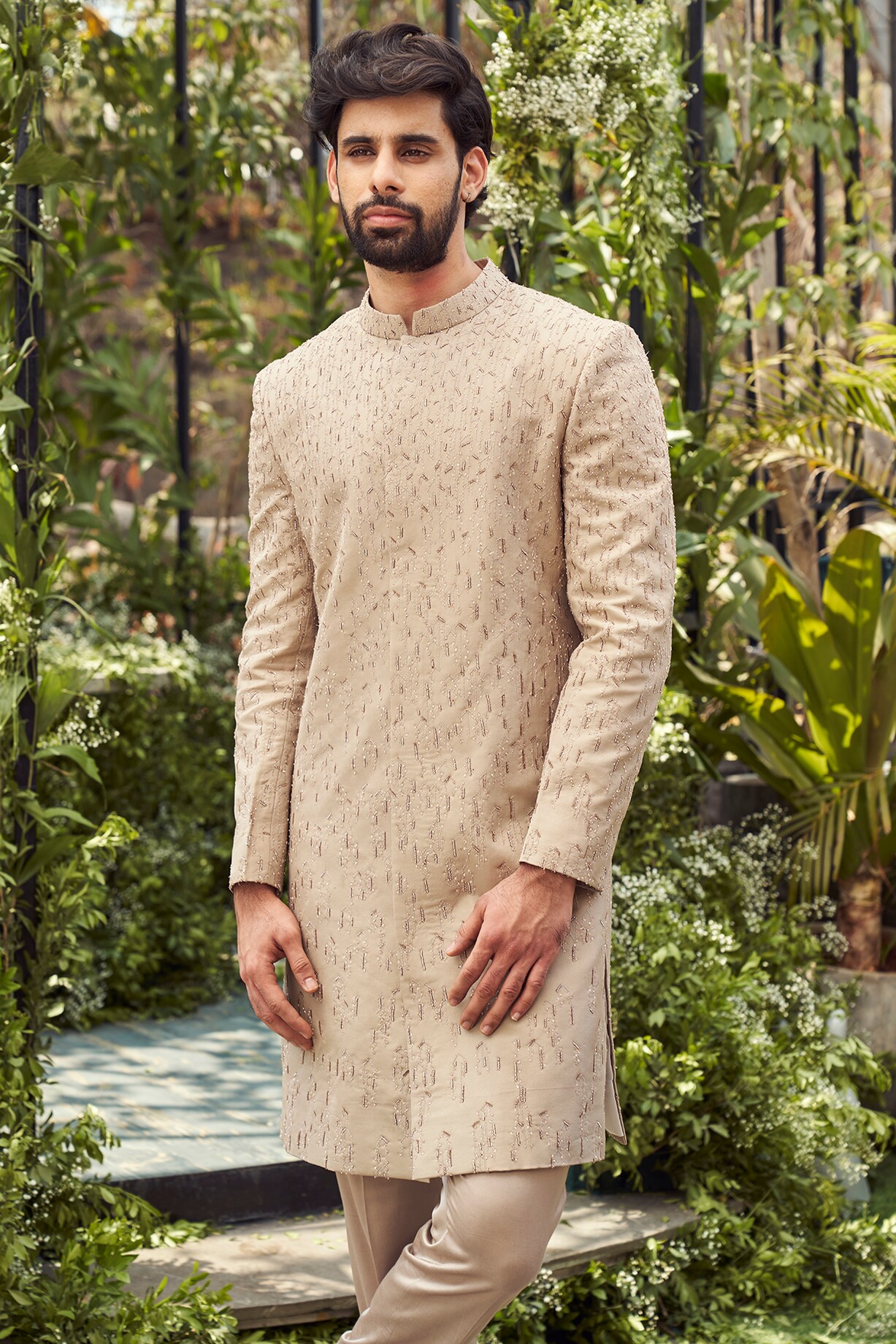 Beige Tulle Silk Zari Work Groom Sherwani Set by Varun Chakkilam Men at ...
