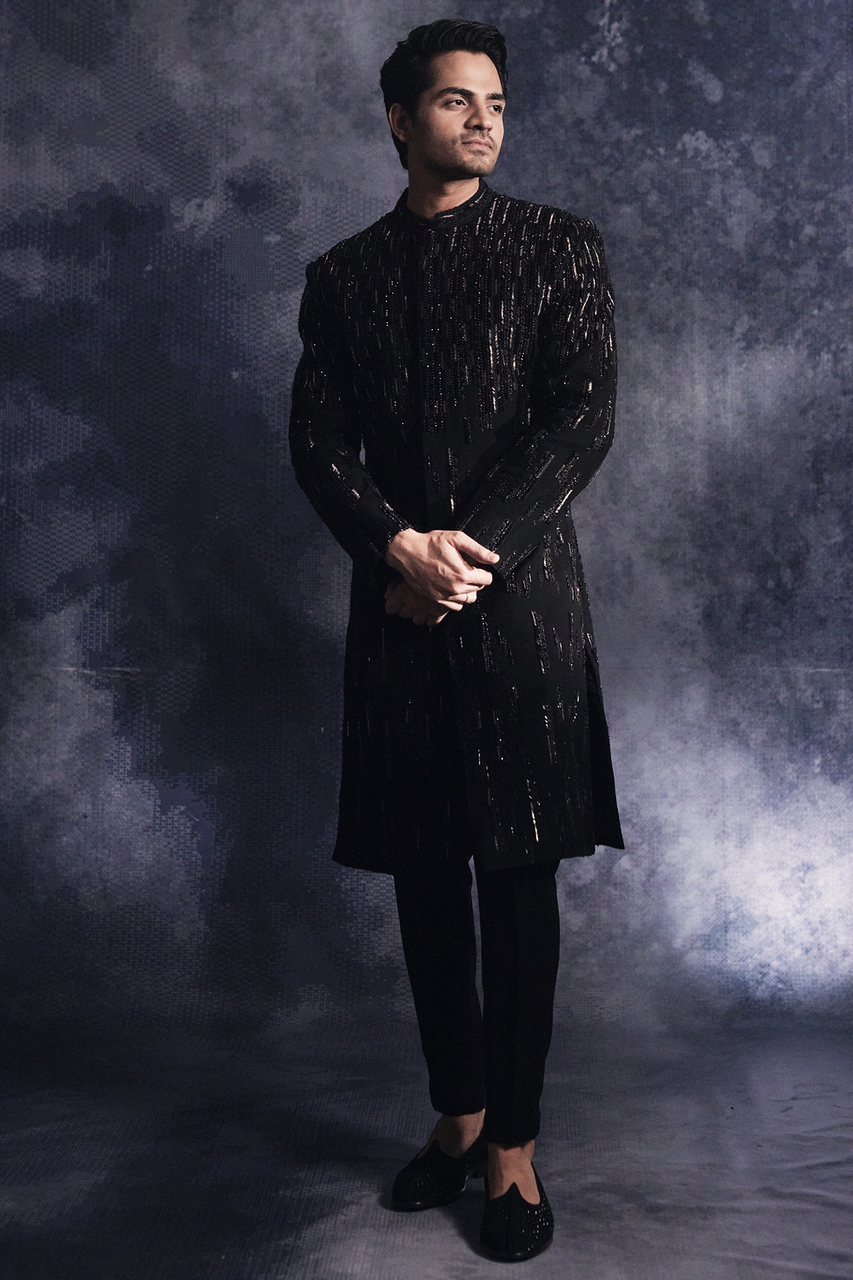 Ebony Black Poly Blend Suiting Embroidered Groom Sherwani Set by Varun ...