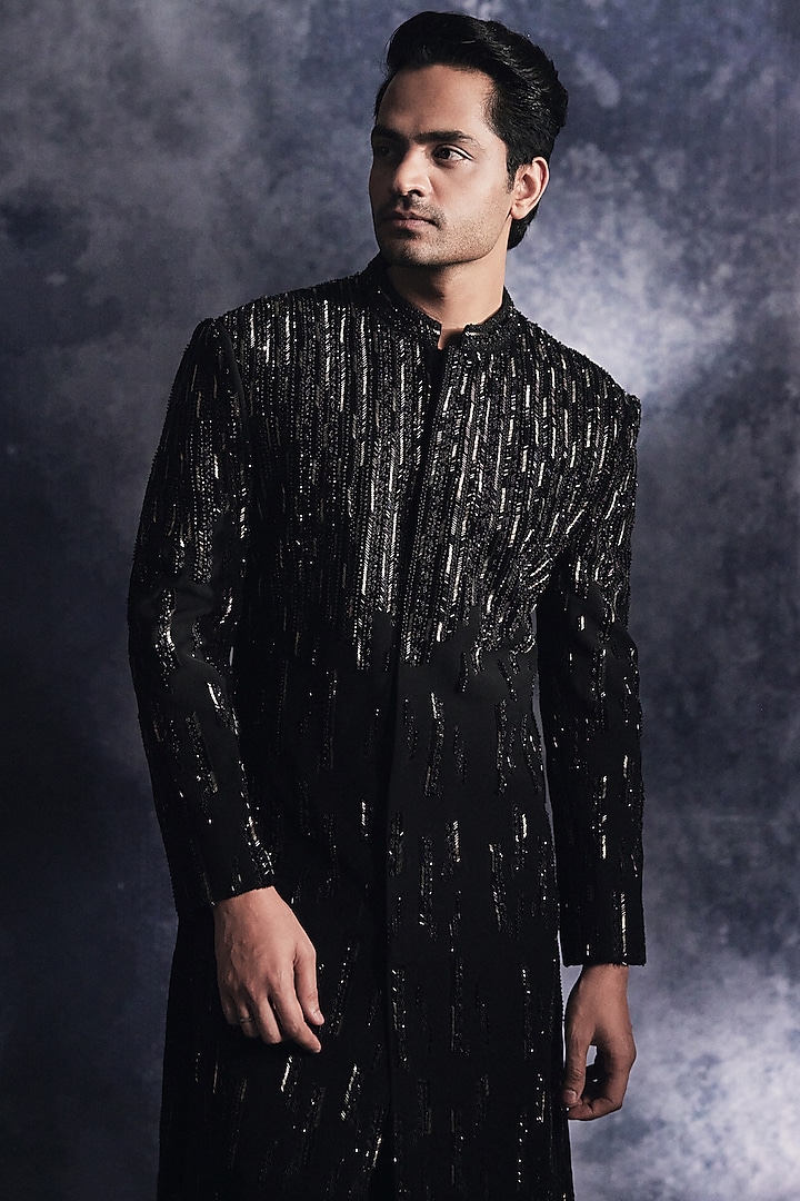 Ebony Black Poly Blend Suiting Embroidered Groom Sherwani Set by Varun ...