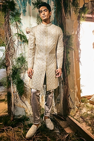 Gold & Silver Twill Silk Embroidered Groom Sherwani Set by Varun ...