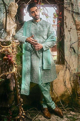 Aqua Green Organza & Satin Lycra Groom Sherwani Set by Varun Chakkilam ...