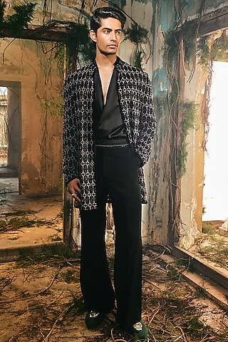 Black Japanese Polyester & Organza Open Jacket Set by Varun Chakkilam ...