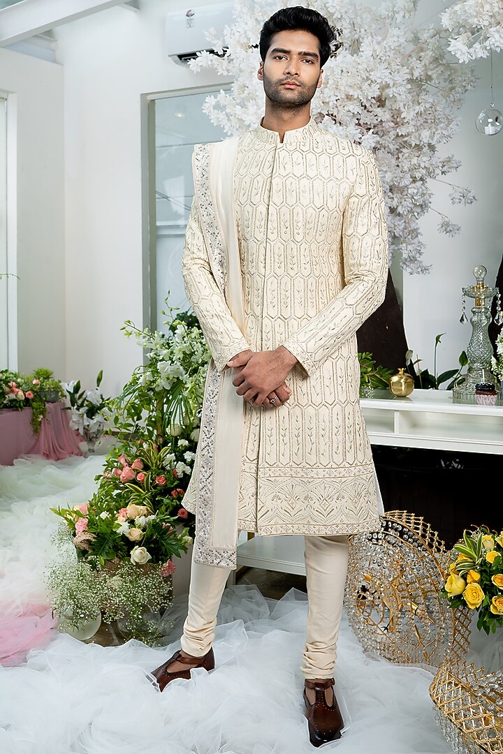 Beige Twill Silk Embroidered Groom Sherwani Set by Varun Chakkilam Men ...