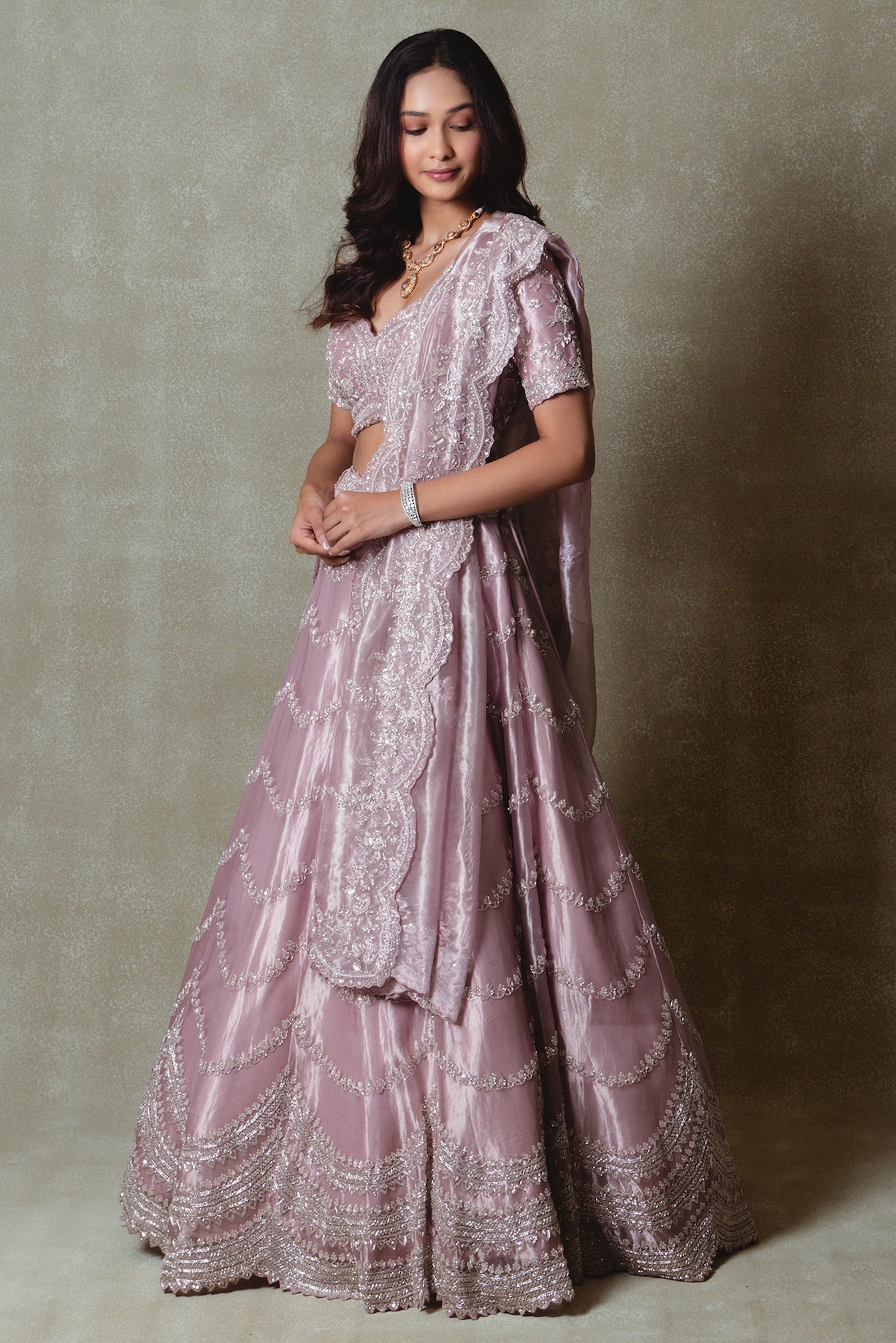 Lavender Tissue Sequins Embroidered Bridal Lehenga Set by Vedant G at ...