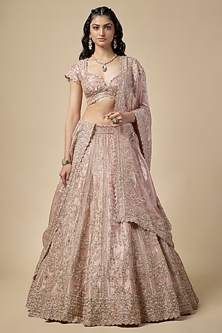 Rose Pink Tissue Zardosi Embroidered Bridal Lehenga Set by Vedant G at ...