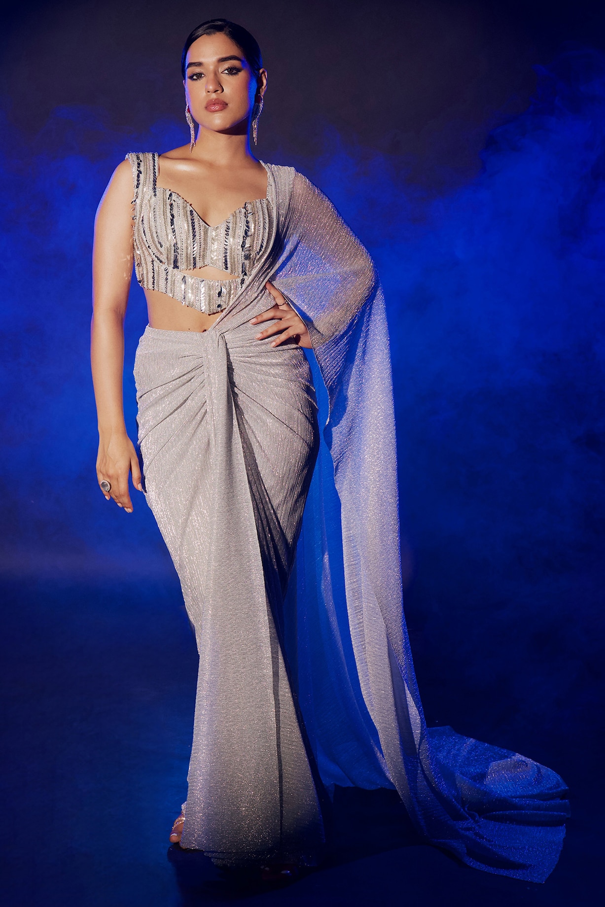 Silver Shimmer Pleated Lycra Pre-Draped Saree Set by Vesture at Pernia ...