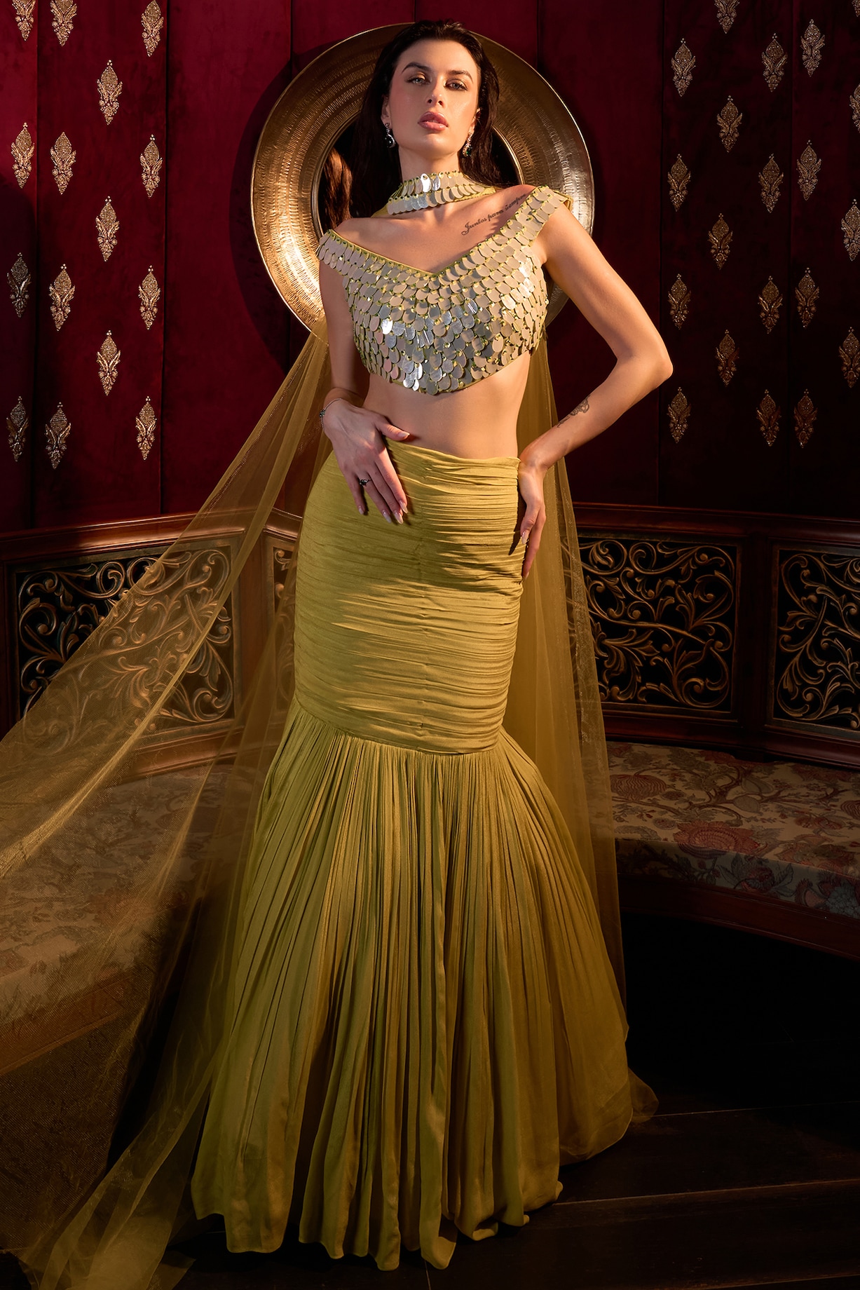 Lime Green Natural Crepe & Delicate Tulle Hand Ruched Fish-Cut Lehenga ...